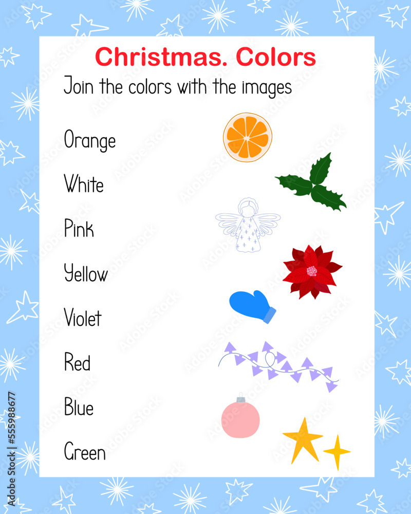 Color names and Christmas elements images matching game vector ...