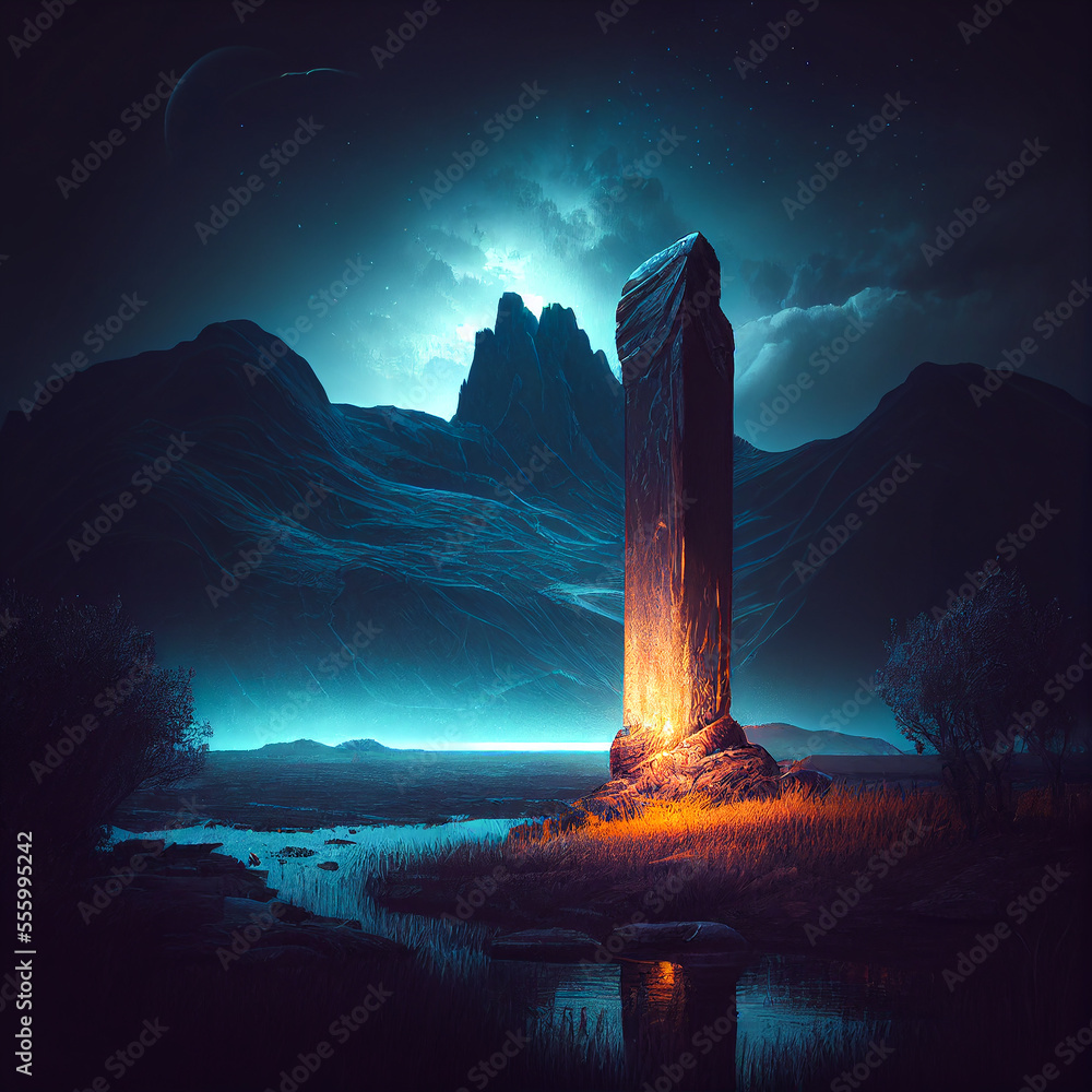 a mysterious glowing monolith at night in a dark valley, created with ...