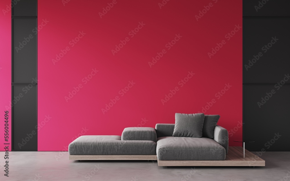 Modern living room with viva magenta paneling on the wall and grey ...