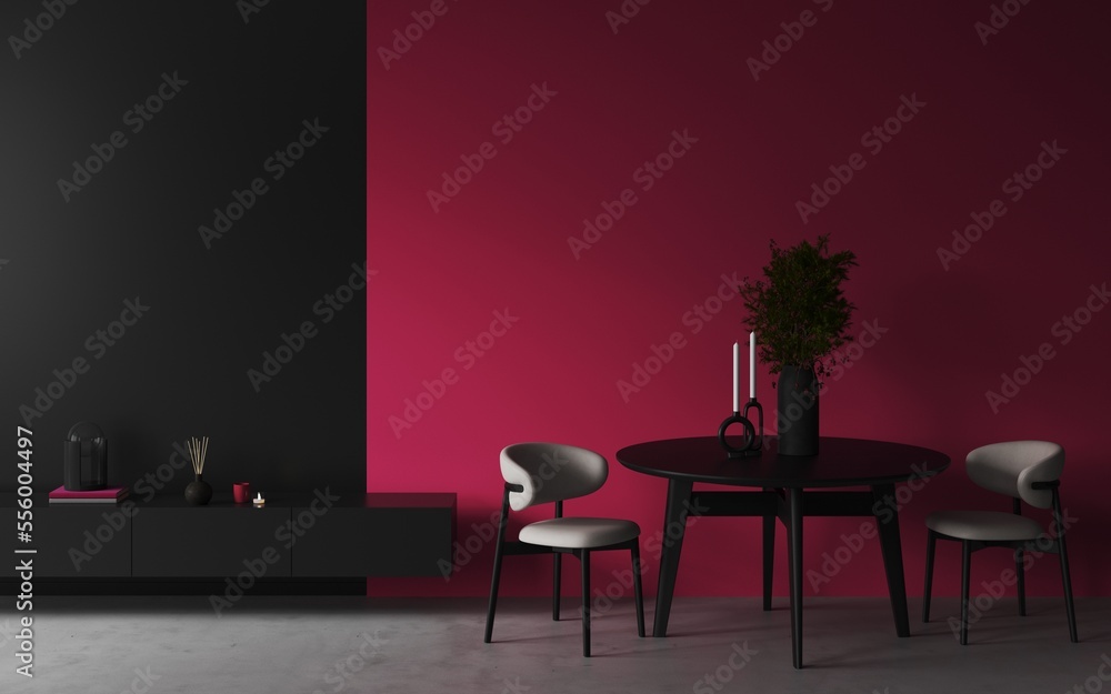 Dining room with viva magenta wall, round dining table, chairs, a ...