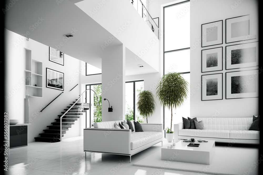 Modern and traditional two story house interior with white walls, green ...
