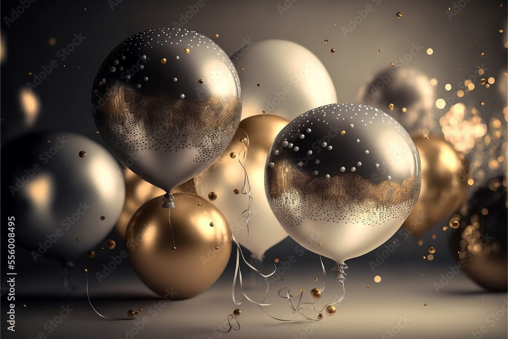 Gold, Silver and white small metallic balloons and spheres on a sufrace ...