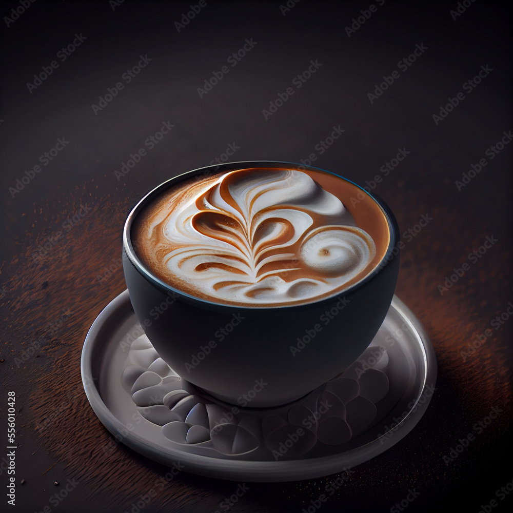 Nice Texture of Latte art on hot latte coffee . Milk foam in heart shape leaf tree on top of ...