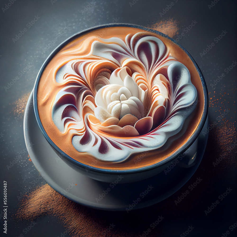 Nice Texture of Latte art on hot latte coffee . Milk foam in heart shape leaf tree on top of ...