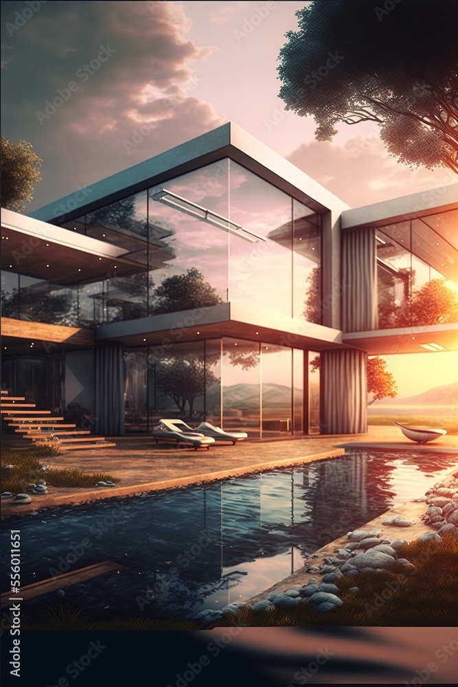 A modern house with Panoramic windows, a large garden, a pool and ...