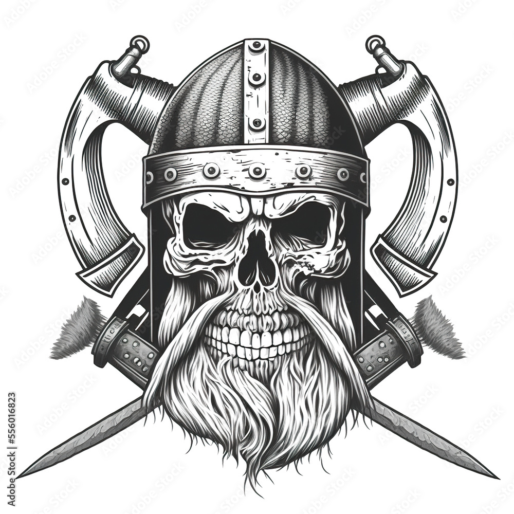 Graphic Realistic Skull. Dead Viking Warrior. Horned helmet. Scary ...