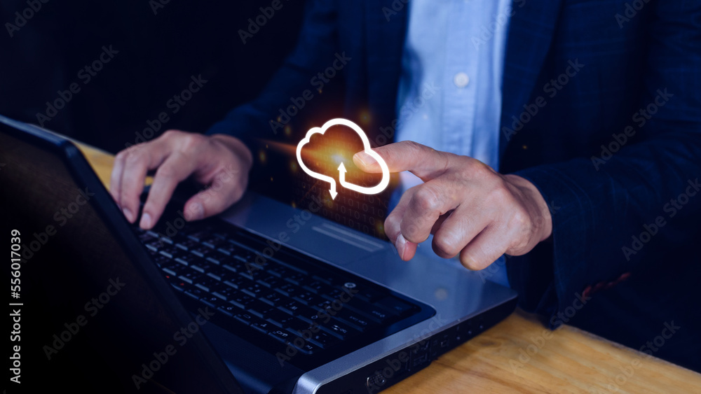 Businessman touching virtual cloud computing to transfer database ...