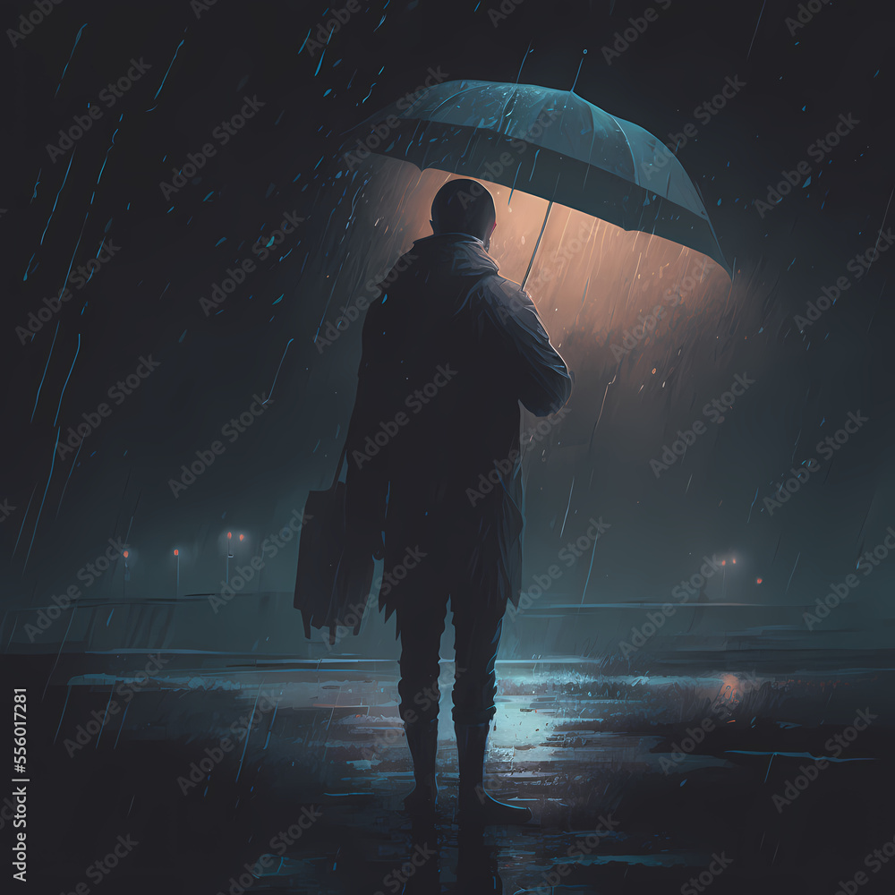 Dark and Dreary Digital Painting Illustration of a Sad Man in the Rain ...