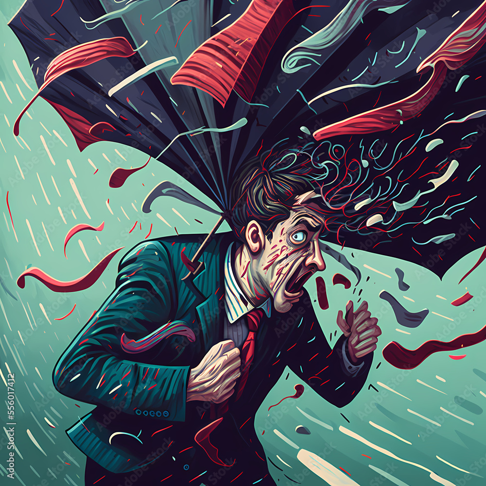 Wacky and Crazy Comic Illustration of a Man in a Windy Rain Storm with ...