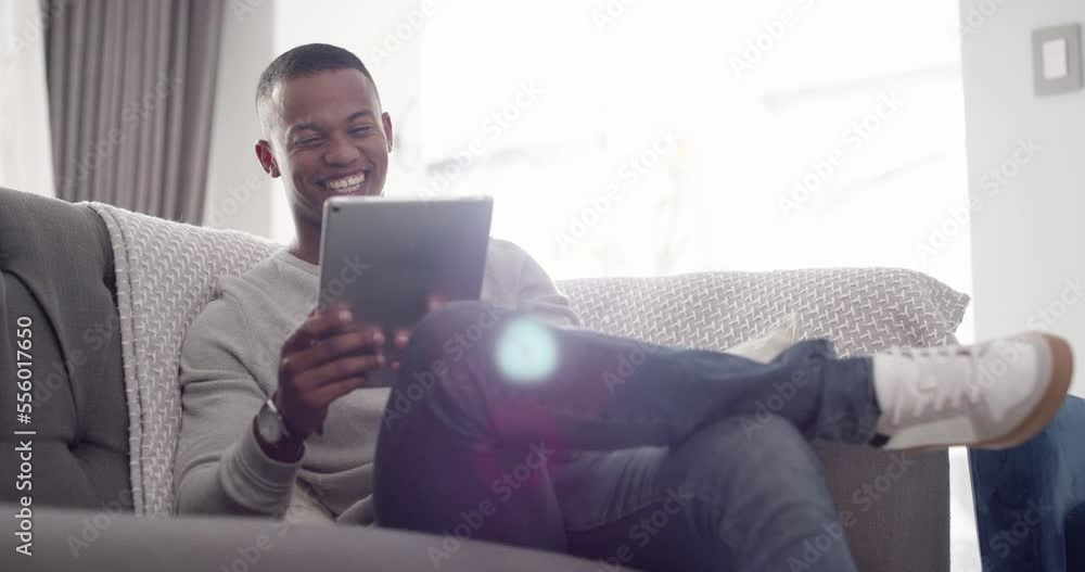 Tablet, laugh and man scroll social media interface, laughing at meme ...