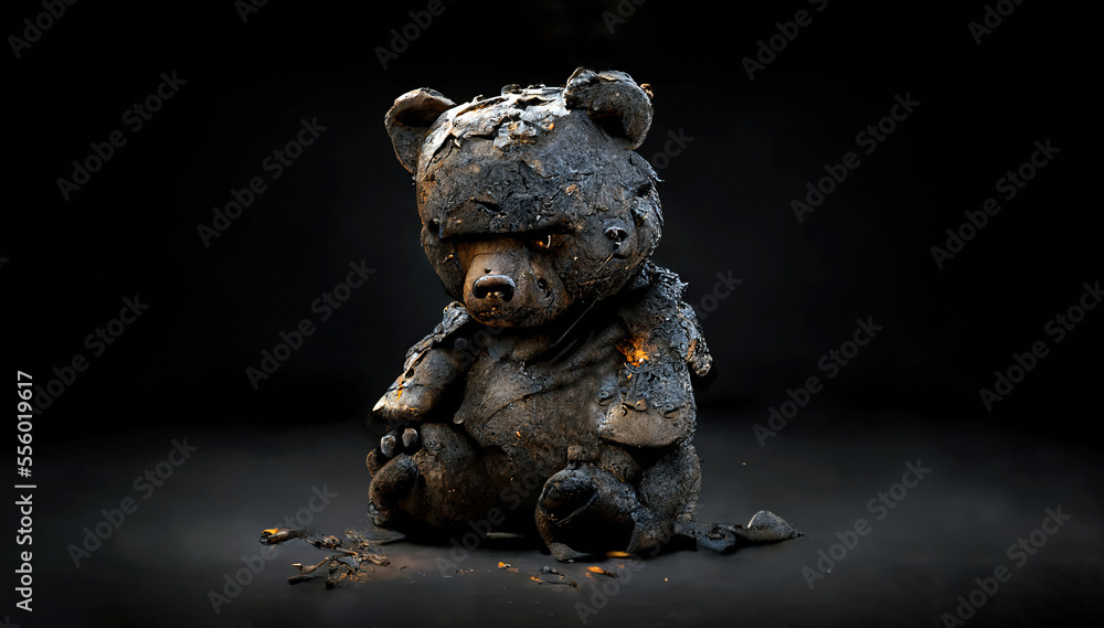 sad war burnt teddy bear toy for lost childhood innocence concepts ...