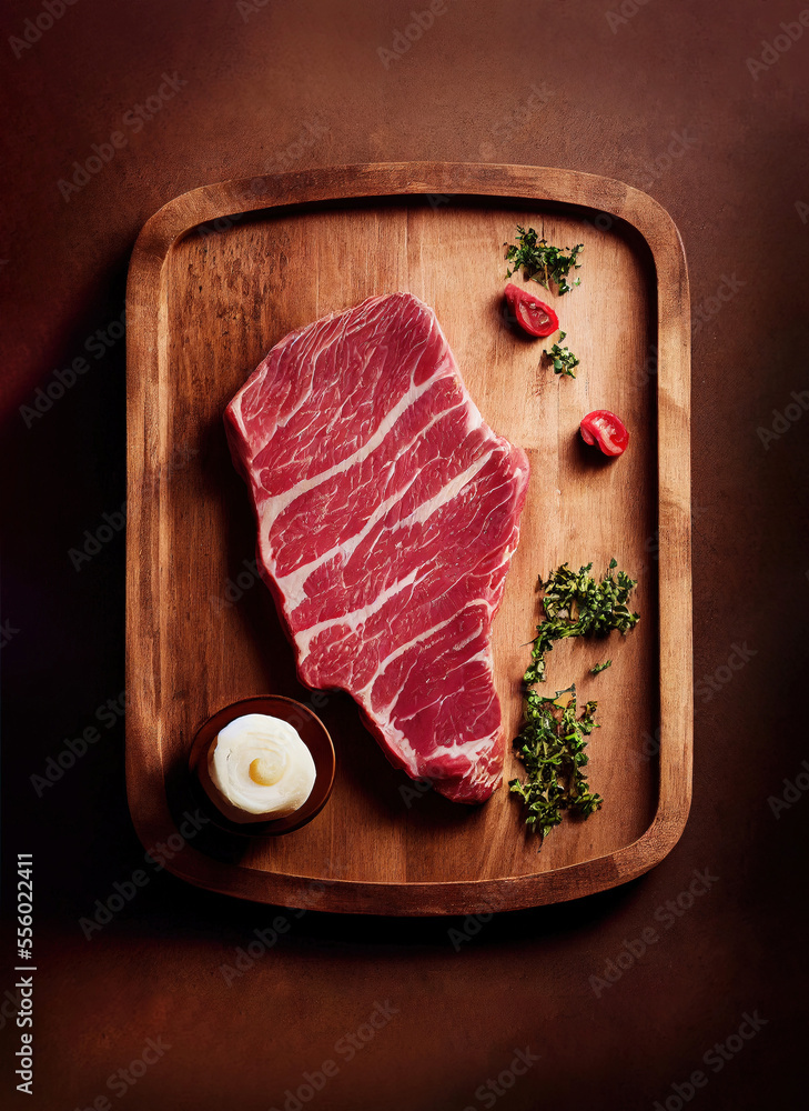 prime steak beef cut on a wooden classical try with dried herbs and red ...