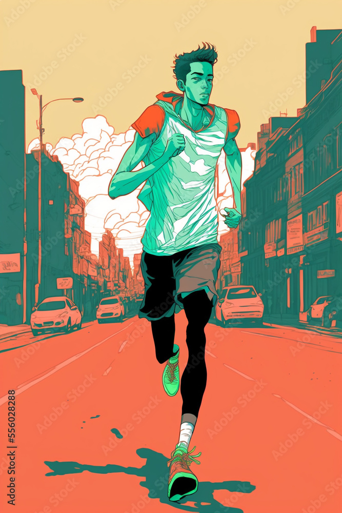 Young man in sports outfit running down the street. Cartoon ...