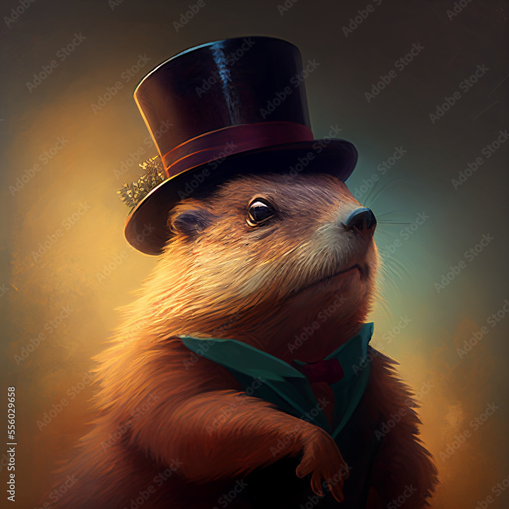 A painting of a groundhog wearing a top hat and coat created with ...