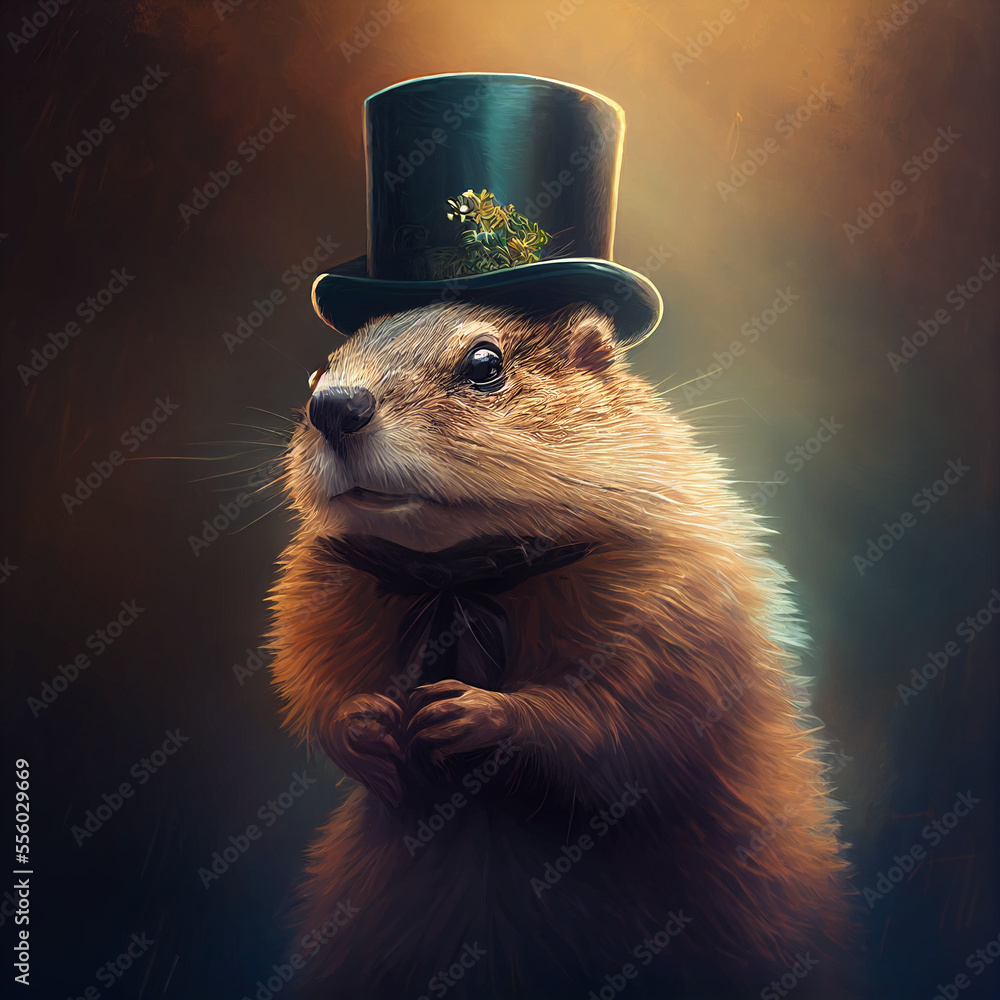 A painting of a groundhog wearing a top hat and coat created with ...