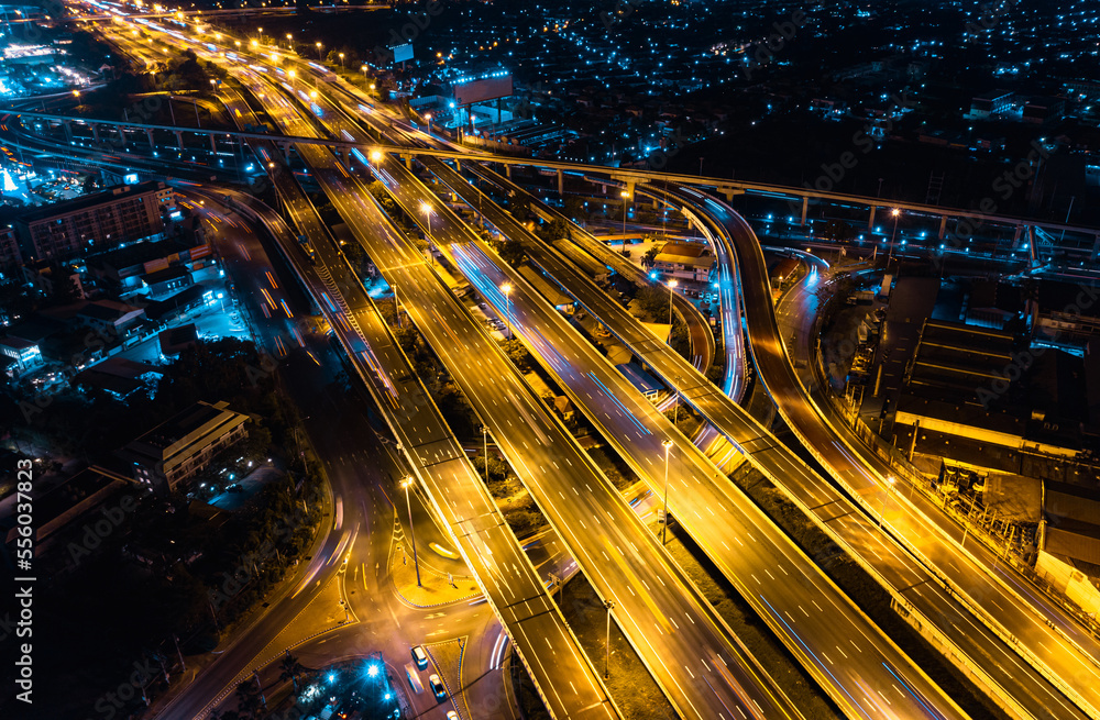 Aerial top view of Modern Multilevel Motorway Junction with Expressway ...