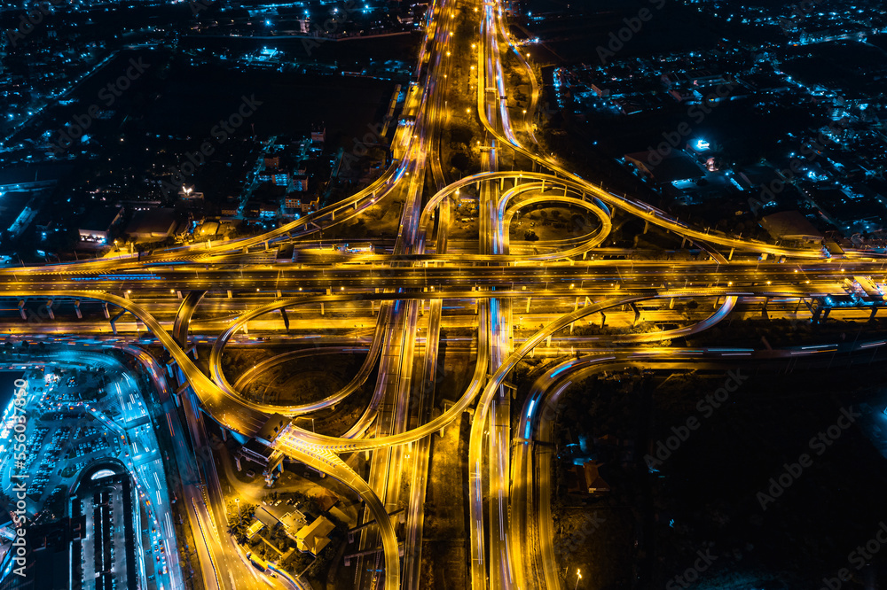 Aerial top view of Modern Multilevel Motorway Junction with Toll ...