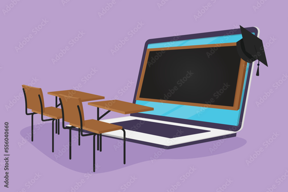 Character flat drawing empty study chairs and desks facing giant laptop ...