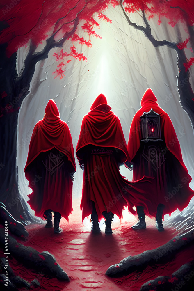 Red-hooded occult monks entering the mysterious gate. Generative AI ...