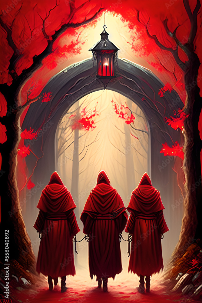 Red-hooded occult monks entering the mysterious gate. Generative AI ...