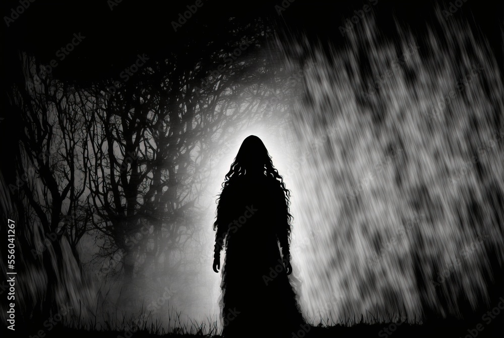 Haunted apparition in a dress with long hair in dense white midnight ...