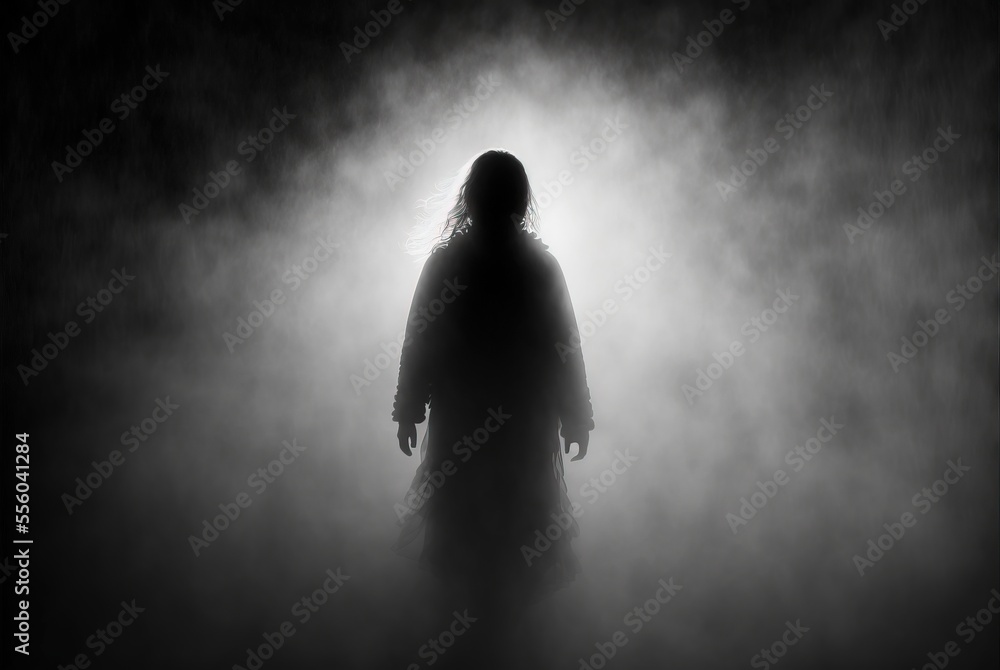 Haunted apparition in a dress with long hair in dense white midnight ...