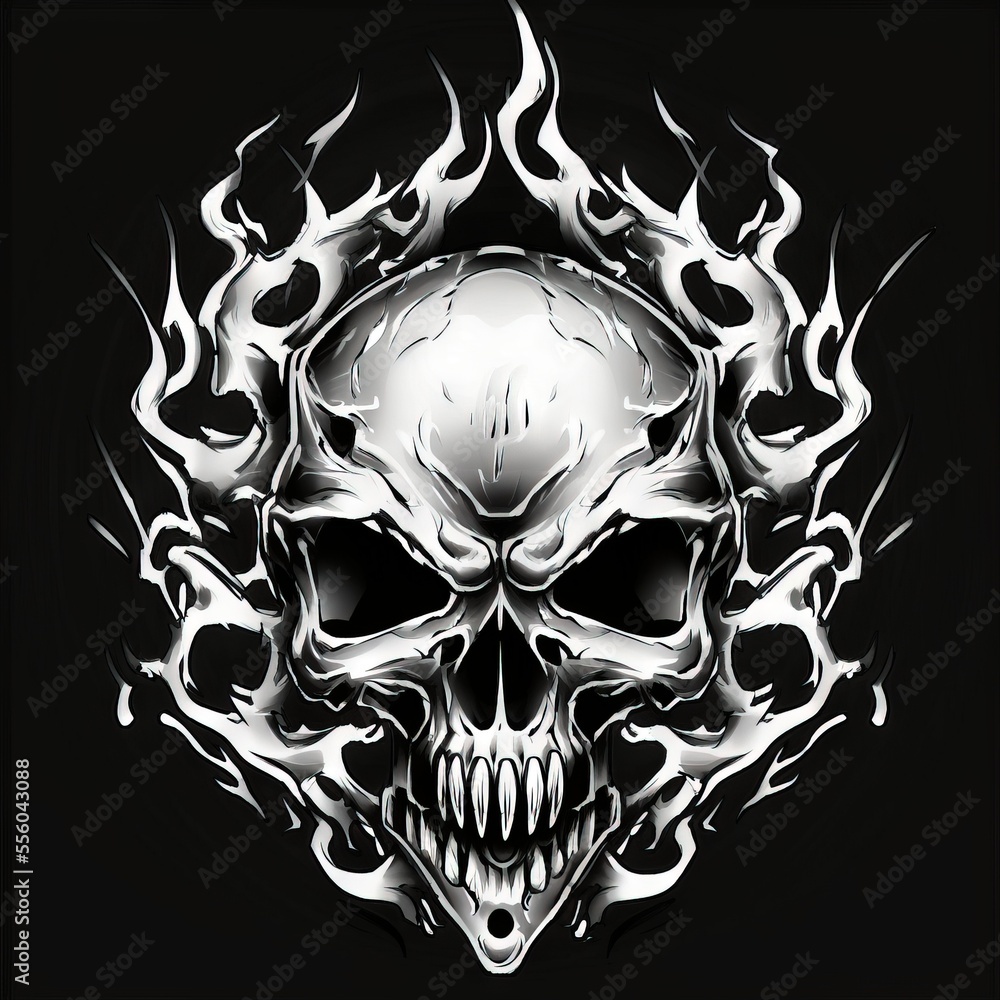 a skull with flames on it's head and a black background with a white ...