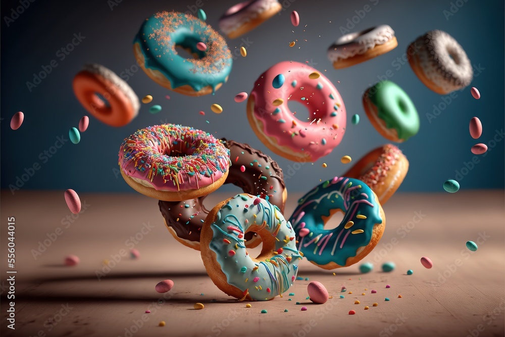 a bunch of donuts are falling into the air with sprinkles on them and ...