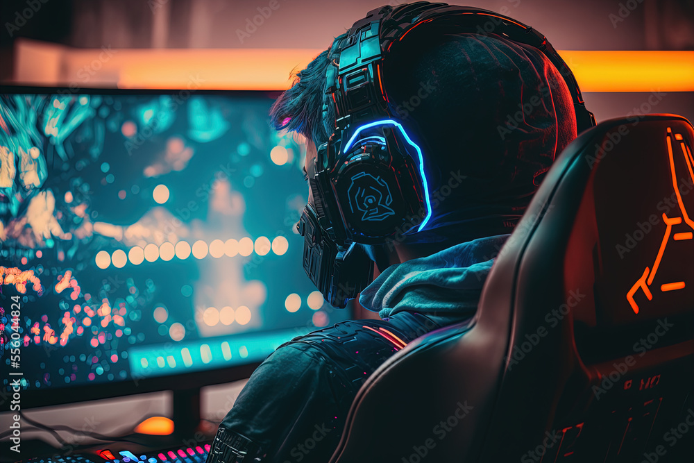 Concentrated gamer playing virtual game on powerful computer at home ...