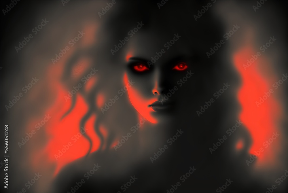 Scary evil spirit with glowing red eyes haunts the foggy woods at ...