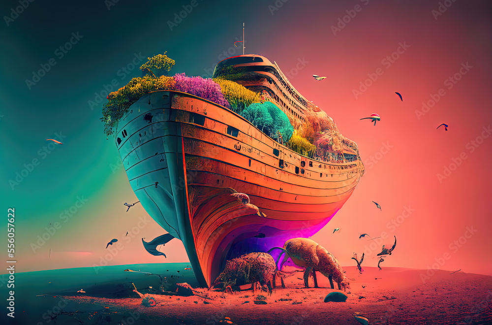 Colourful Surreal Noah's Ark Surreal Generative AI Illustration Stock ...