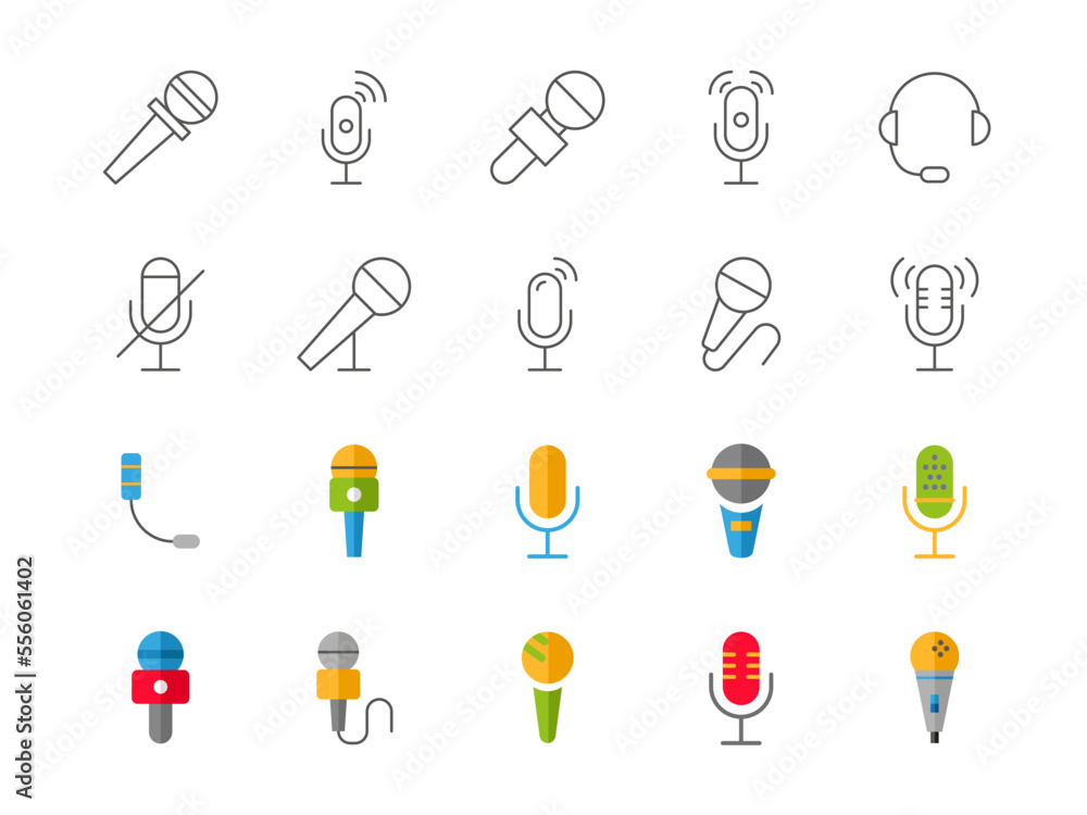 Color mic icons. Studio signs. Line microphone pictograms. Live speech ...