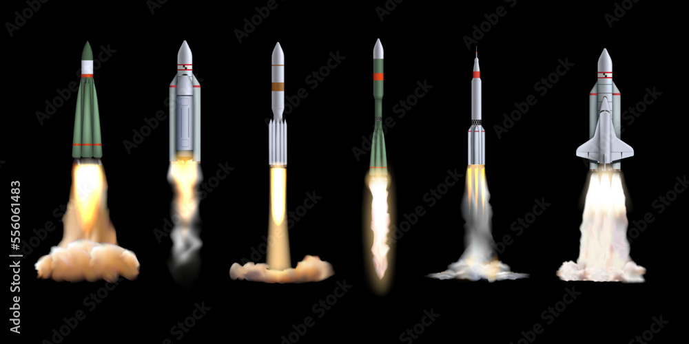 Rocket launch. Spaceship start. Realistic cosmic ship engine. Shuttle ...