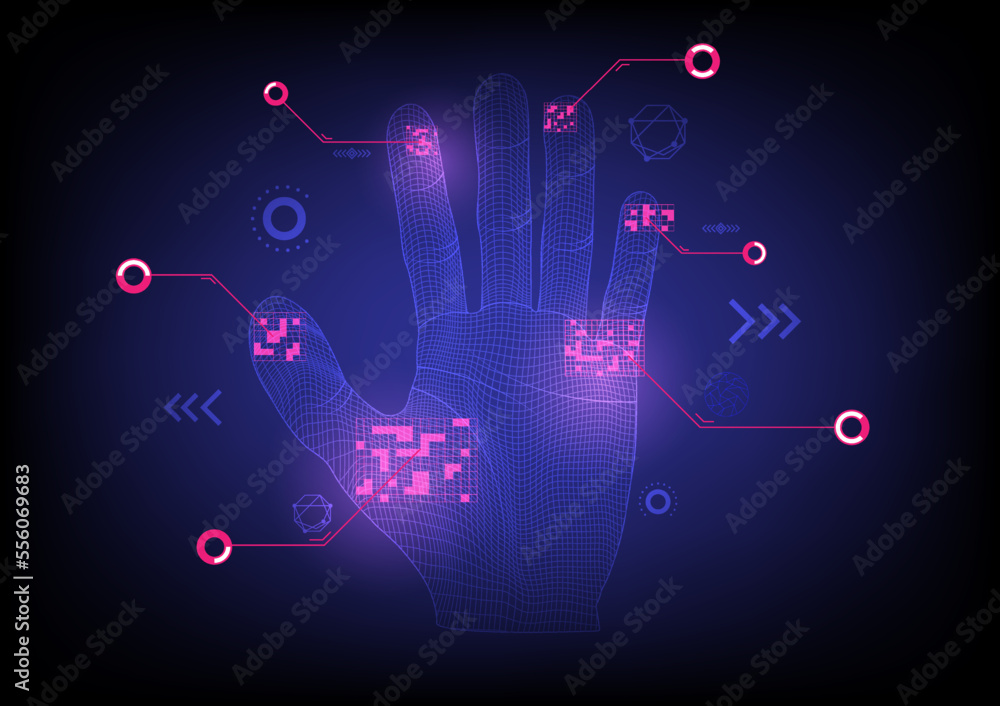Hi-tech abstract background. Mesh on hand. There is a pink scanning net ...