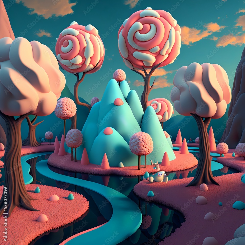 Sweet land 3d cartoon background. Blue mastic mountains against pink ...