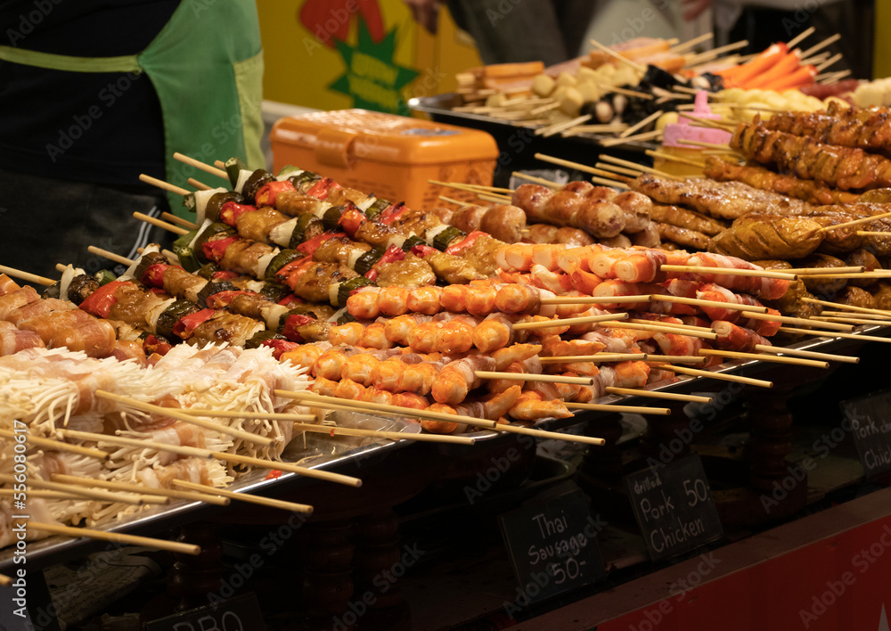 Bangkok street food, varities grilled meats with stick easy to eat at ...