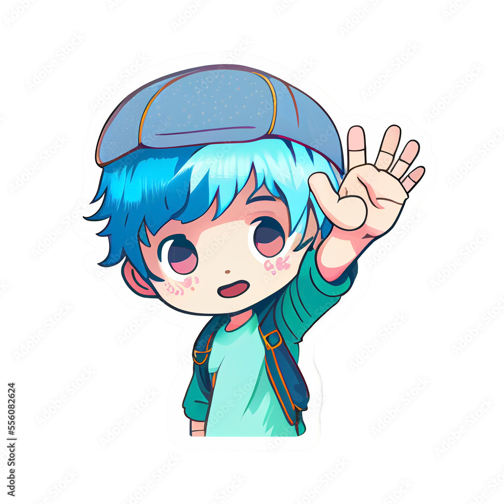 Anime girl saying hi and waving hand to greet person with smile face ...