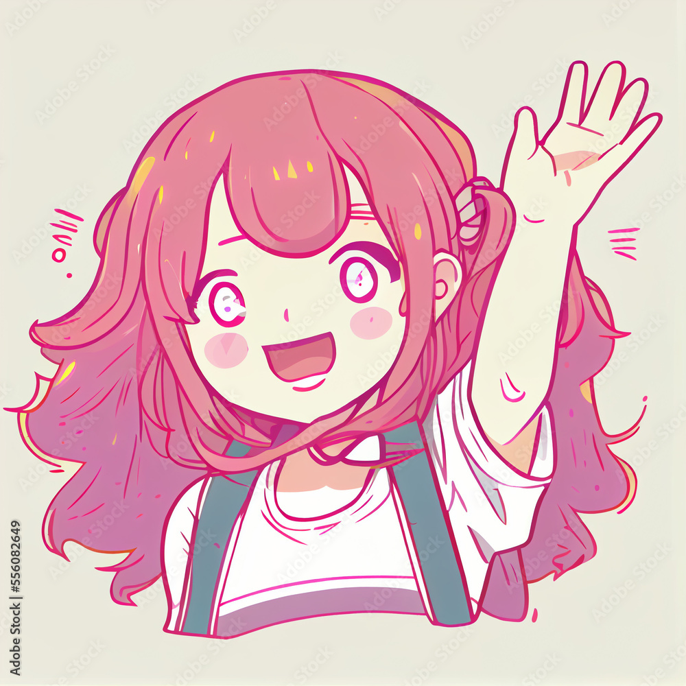 Anime girl saying hi and waving hand to greet person with smile face ...
