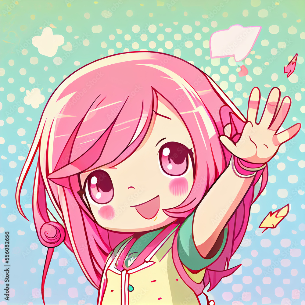 Anime girl saying hi and waving hand to greet person with smile face ...