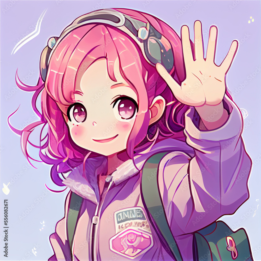 Anime girl saying hi and waving hand to greet person with smile face ...