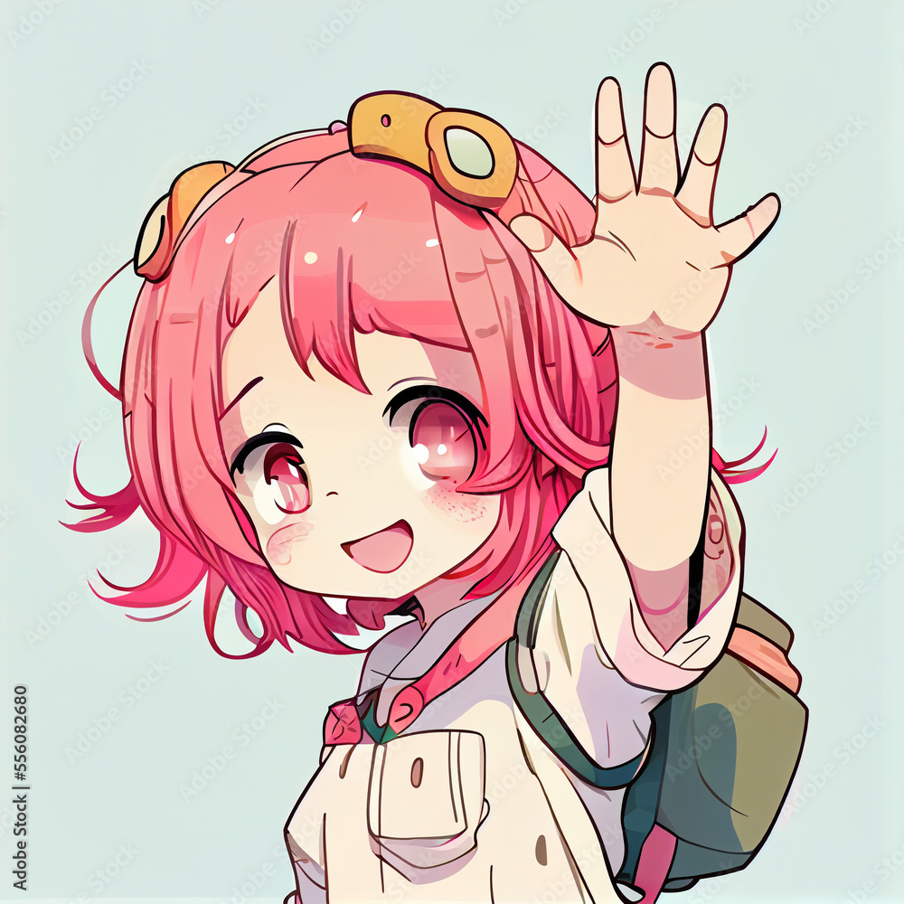 Anime girl saying hi and waving hand to greet person with smile face ...