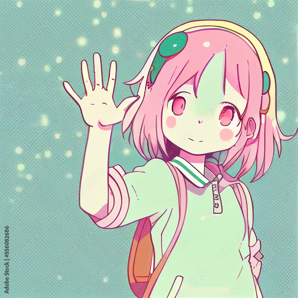 Anime girl saying hi and waving hand to greet person with smile face ...