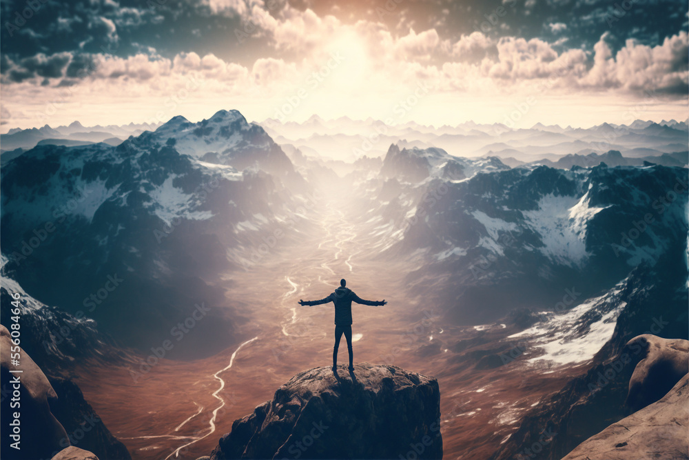 person standing on top of a mountain, looking out at a vast landscape ... person standing on top of a mountain, looking out at a vast landscape ...