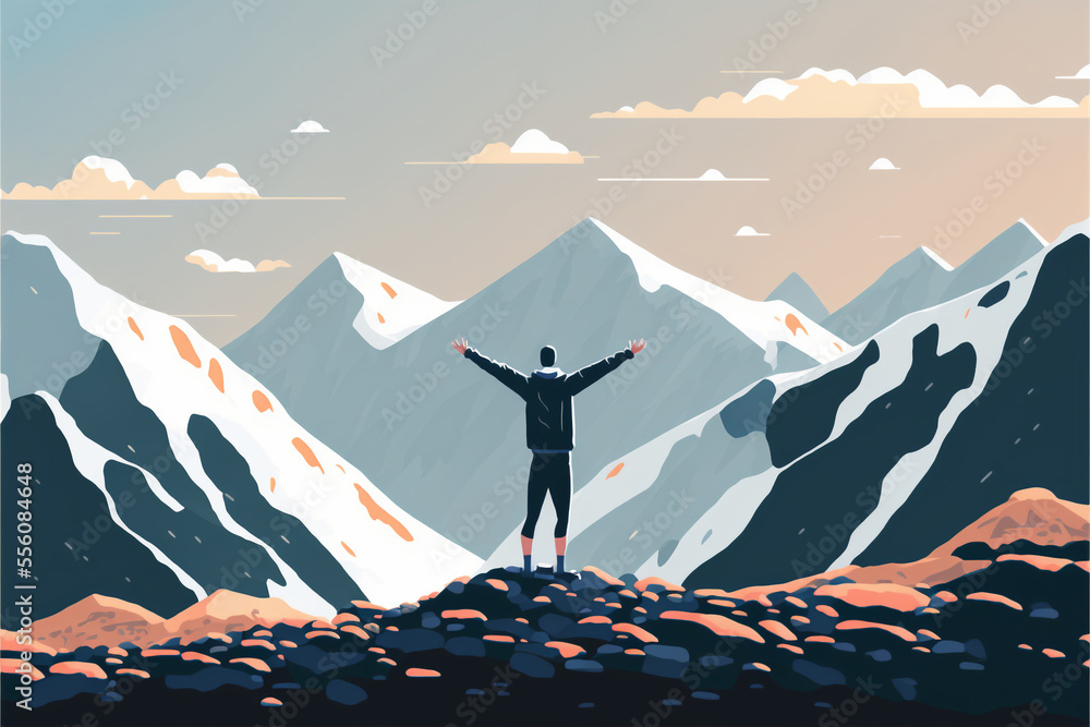 person standing on top of a mountain, looking out at a vast landscape ...
