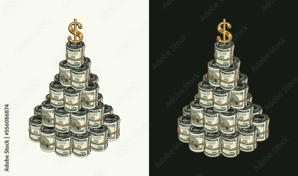 Money tower, pyramid like cake made of money rolls of 100 US dollar ...