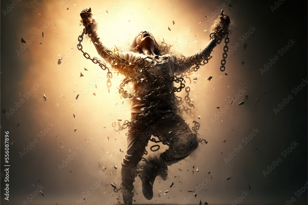 person breaking free from chains, representing the liberation from constraints and the power of ...