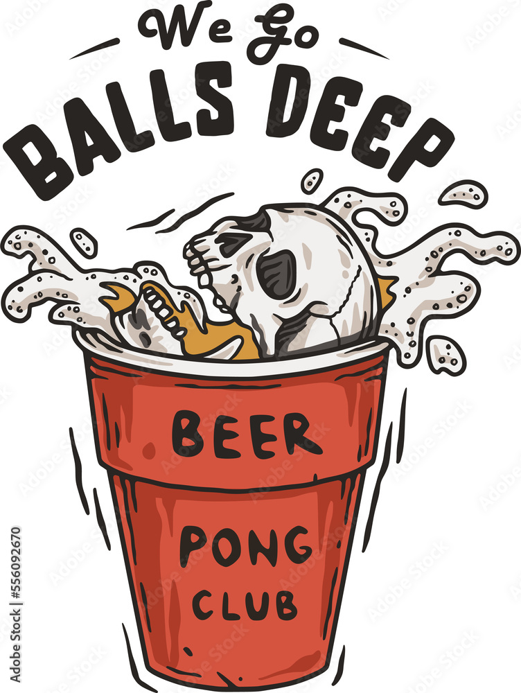 Beer pong game. T-shirt print with beer cup with skeleton skull, flying ...