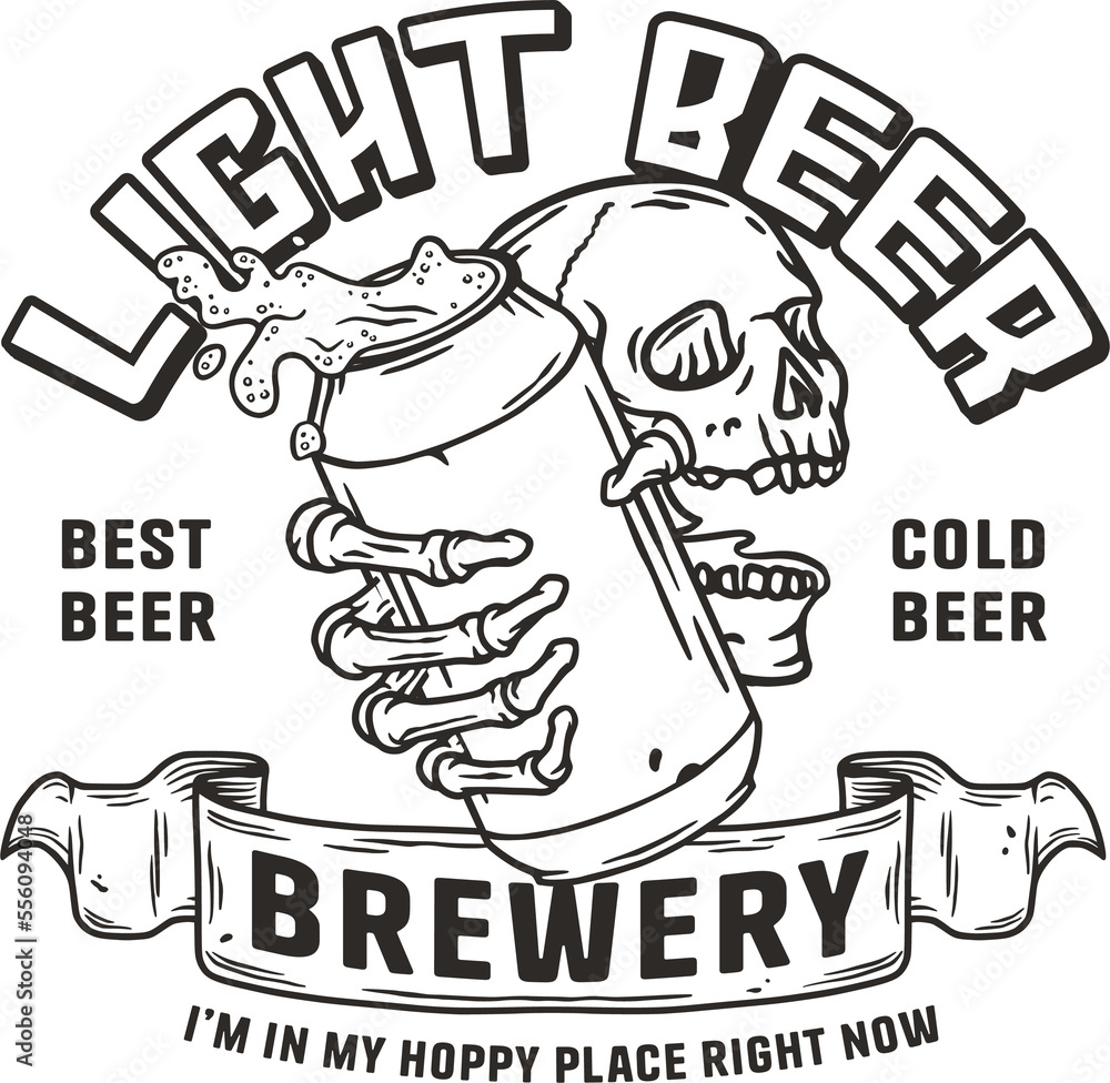 Beer skull and metal can with foam splash. Skeleton with beer can in ...