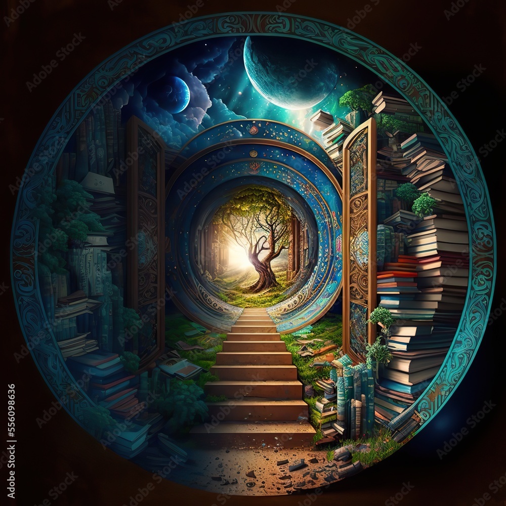 Imagination concept. Library leads to the fantasy world. Generative ai ...