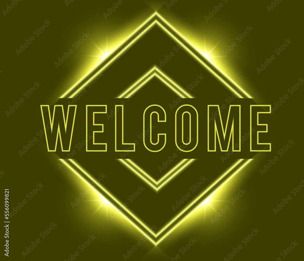 Yellow neon Welcome, glow arrow. Neon text of Welcome on black brick ...